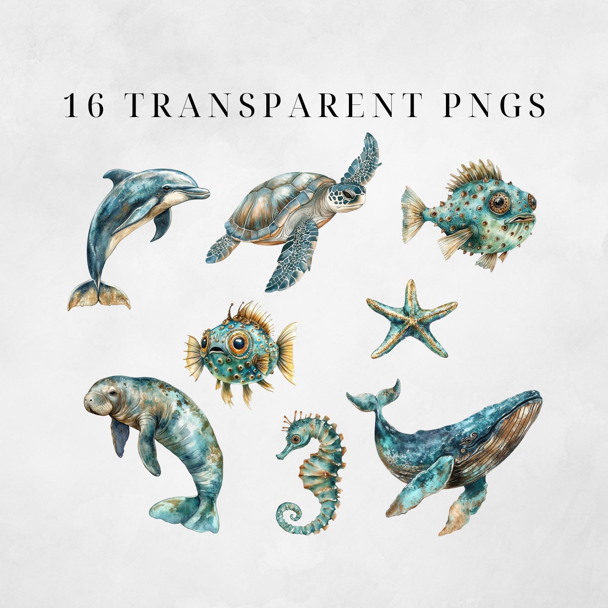 Watercolor Sea Animal Clipart: Teal & Gold Ocean Pngs (commercial Use ...