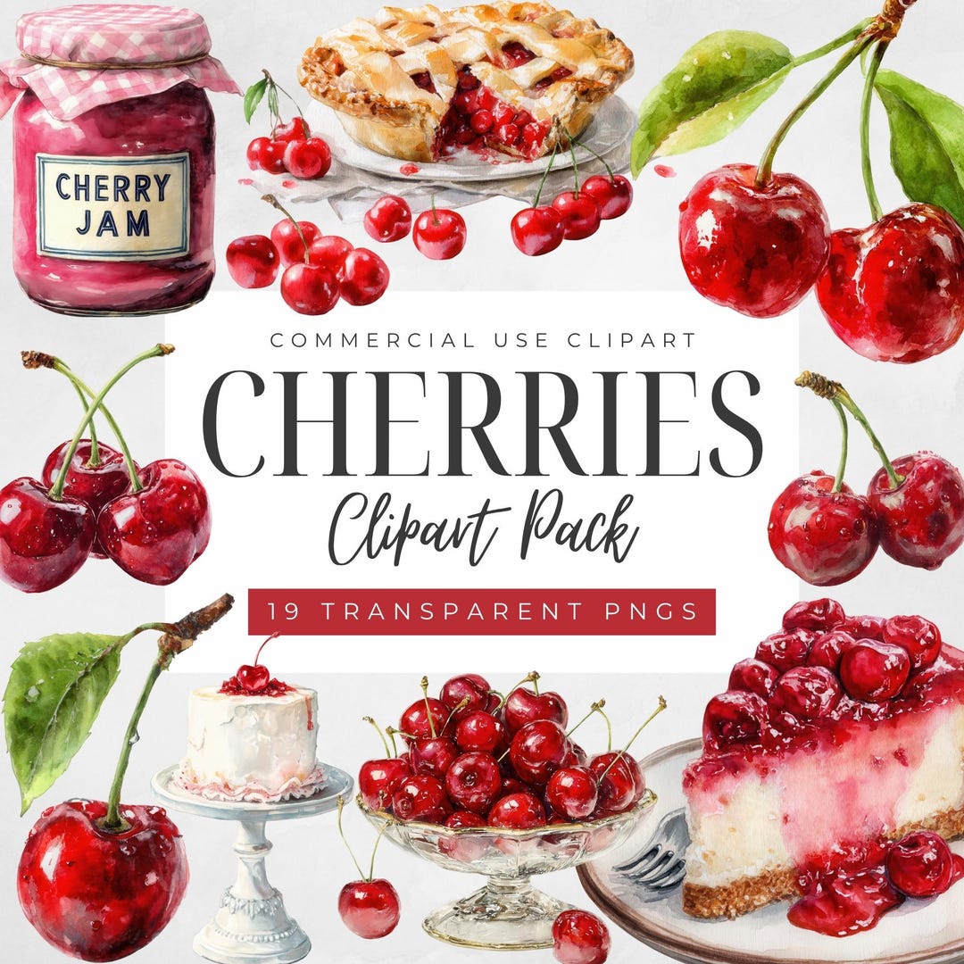 Watercolor Cherry on Top Clipart, Bowl of Cherries, Berry Sweet Clip ...