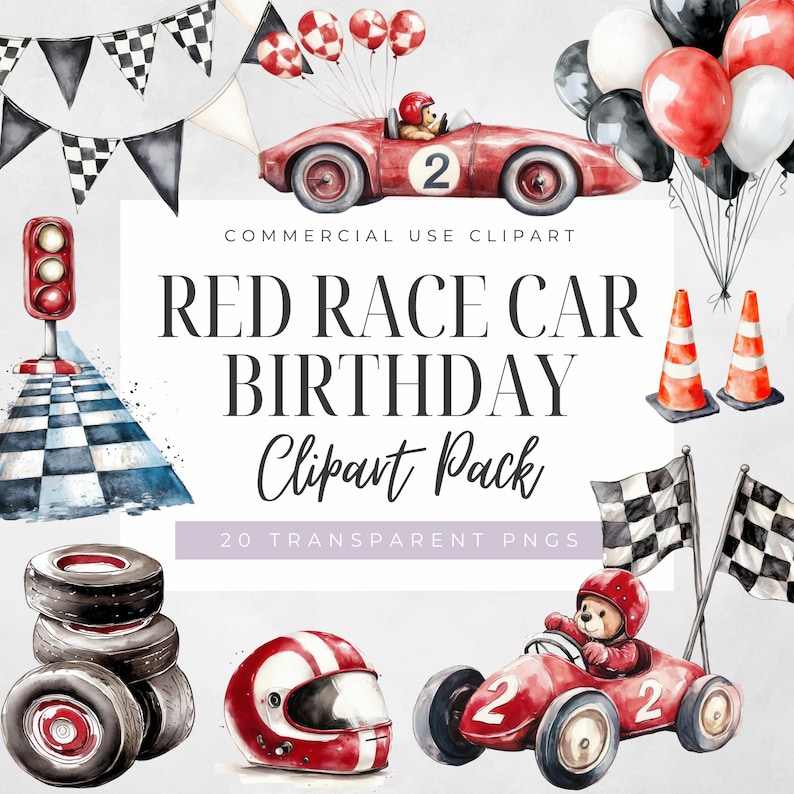 Race Car Clipart Bundle, Watercolor Toddler Birthday, Red Teddy Bear ...