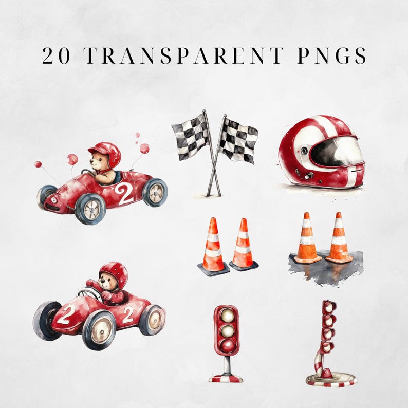 Race Car Clipart Bundle, Watercolor Toddler Birthday, Red Teddy Bear ...