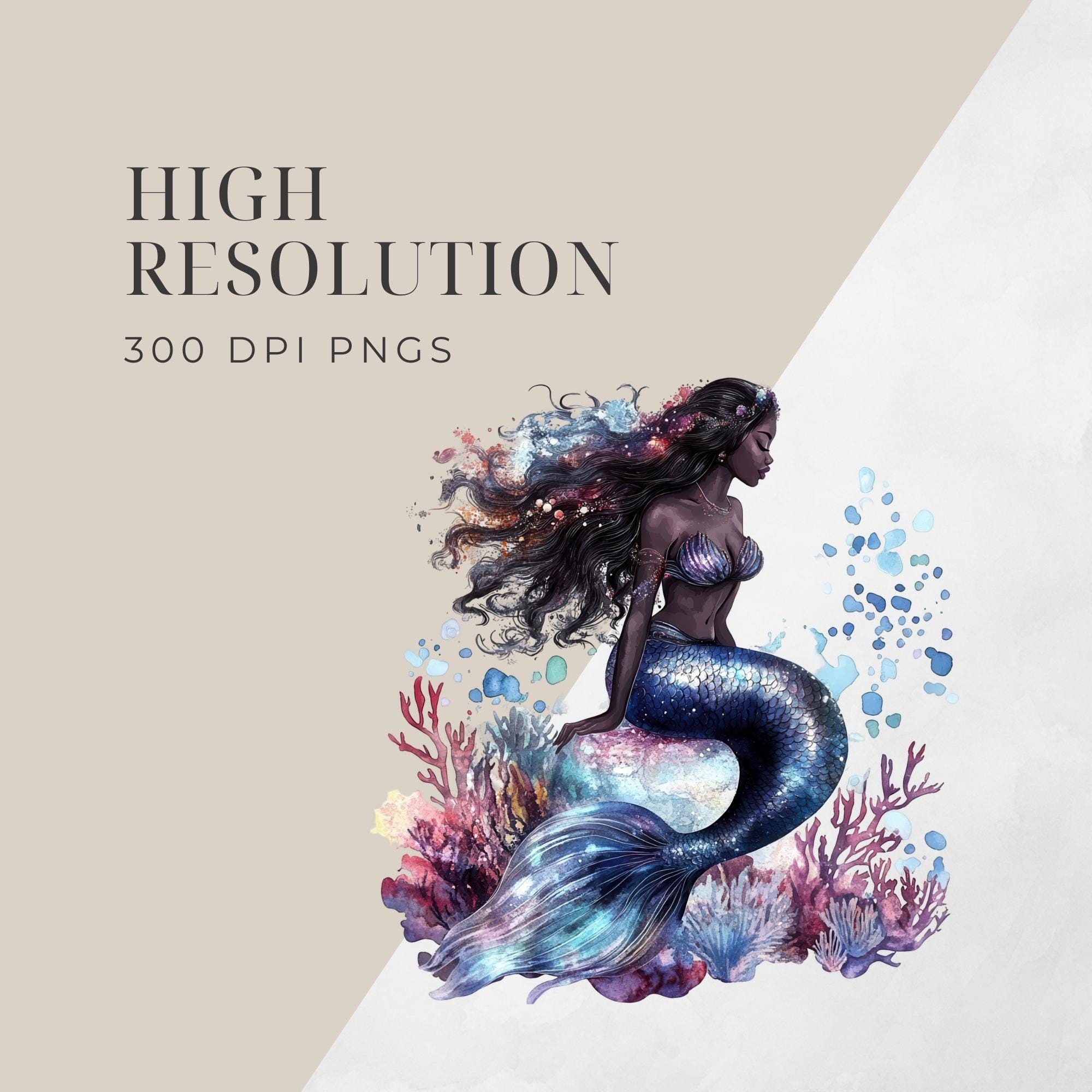 Watercolor Dark Mermaid Clipart, Underwater Mythical Creatures ...