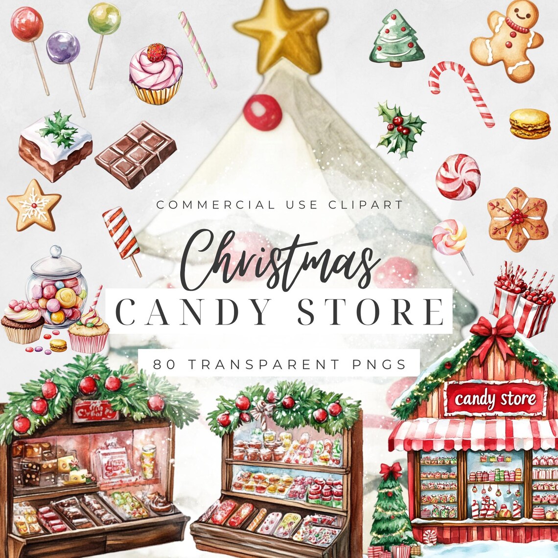 Christmas Candy Store Clipart | Watercolor Christmas Clipart ...