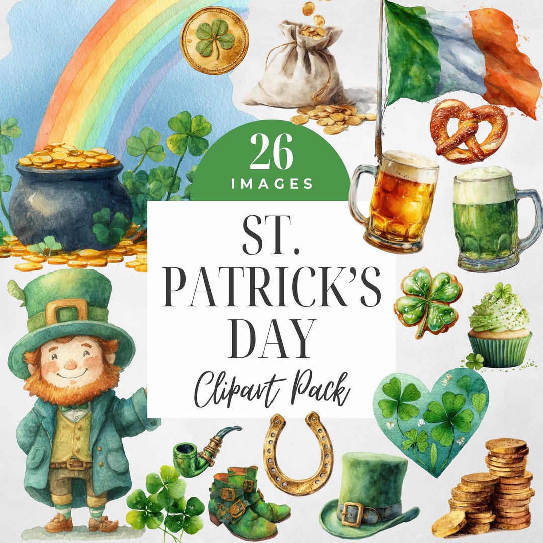 Watercolor St Patricks Day Clipart, Cute Leprechaun, Shamrock, Rainbow ...