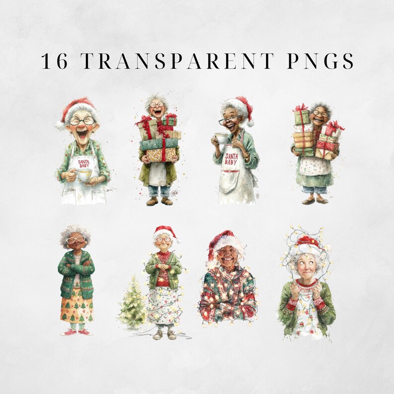 Funny Old Lady Christmas Clipart: Digital Download, Transparent Pngs ...