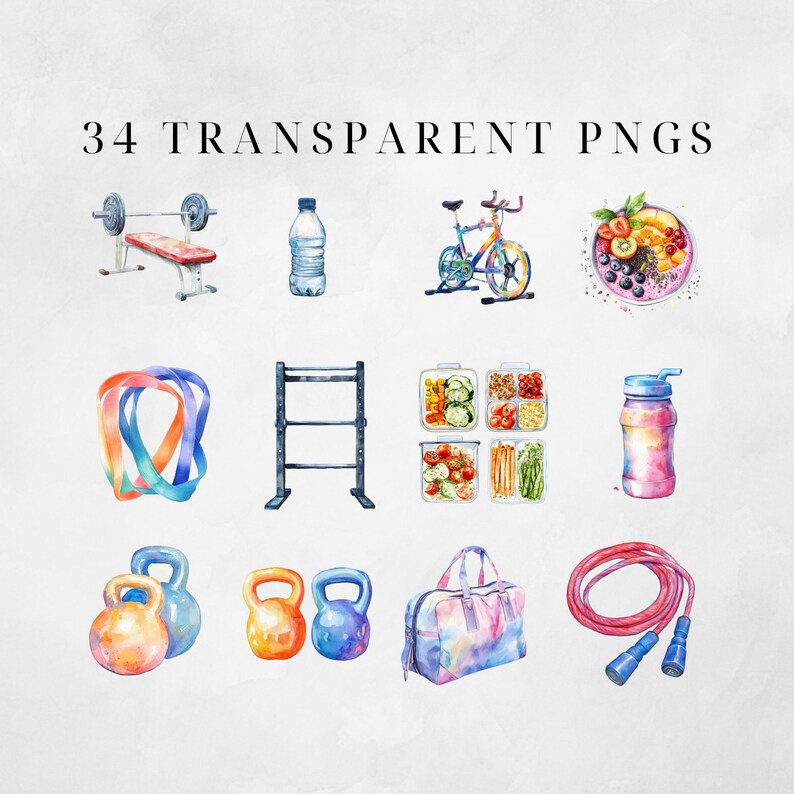 Watercolor Clipart Gym Fitness Equipment, Digital Download, Commercial ...