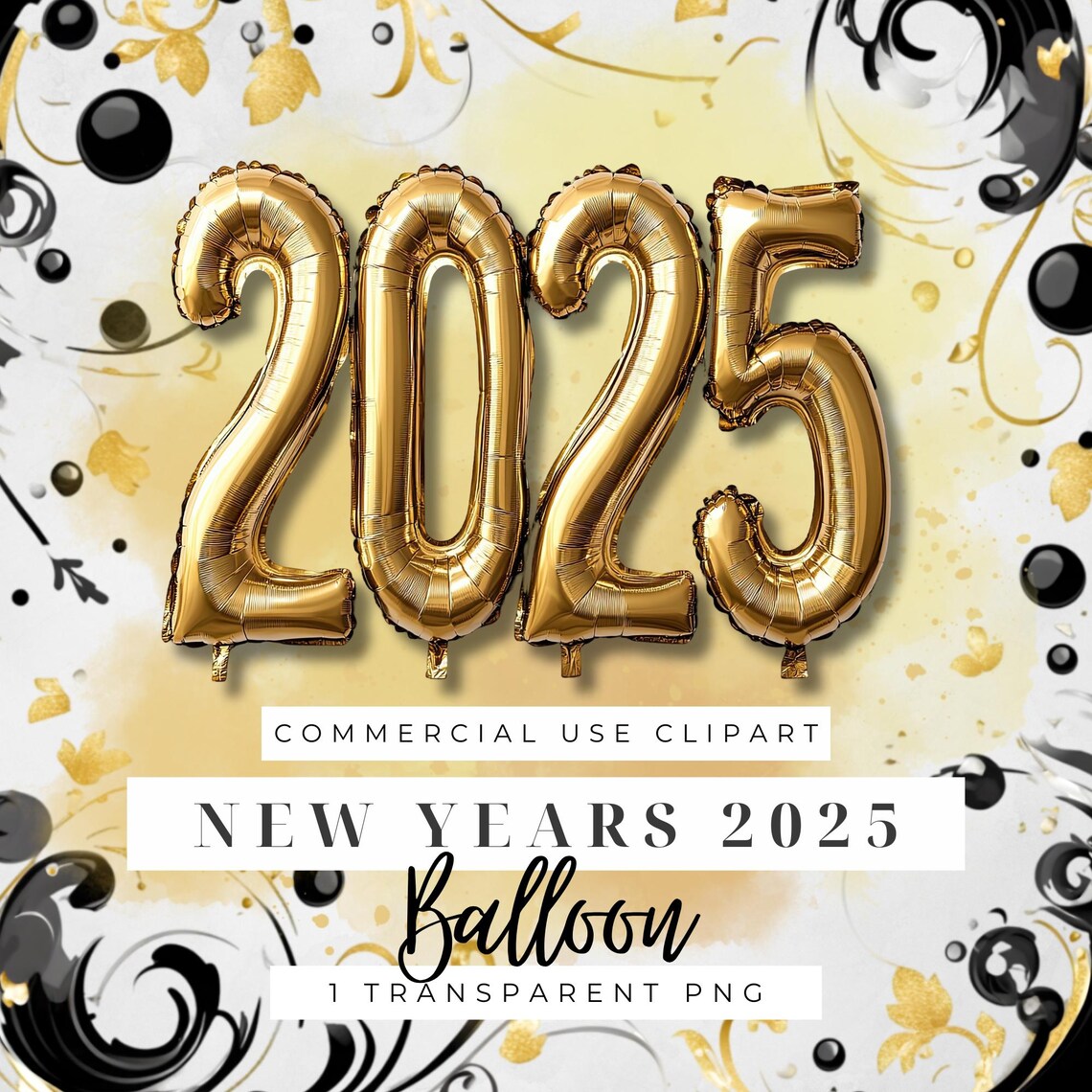 Happy New Year Clipart Black and Gold 2025 Balloon | Happy New Year ...