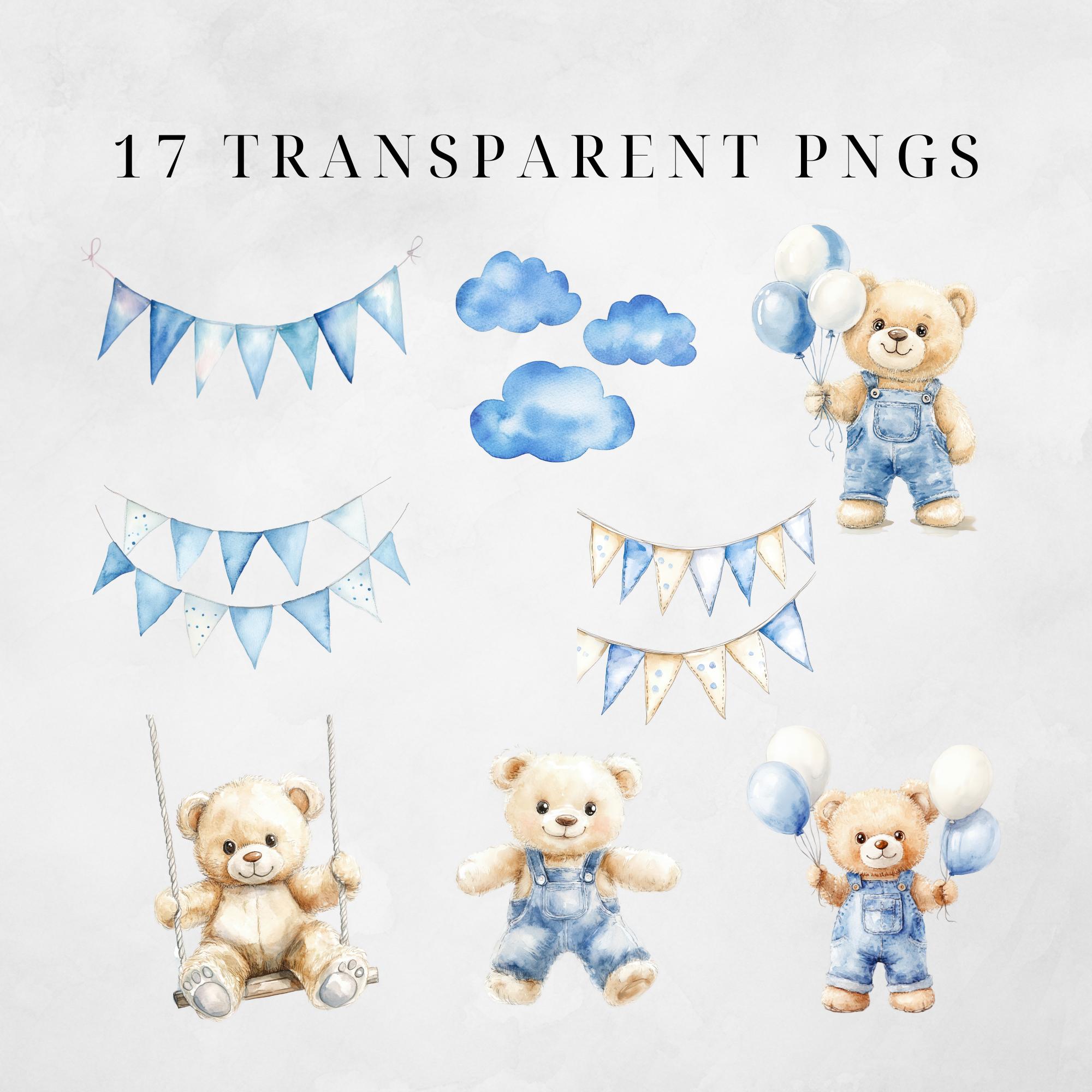 Blue Bear Clipart, Blue and Brown Balloons Bear Clipart, Watercolor ...