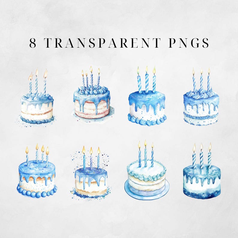 Watercolor Blue Birthday Cake Clipart, Pretty Desserts, Digital ...