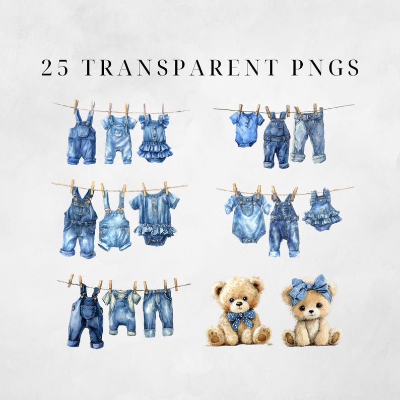 Watercolor Denim Blue Jeans Baby Clothes Clipart for Baby Shower ...