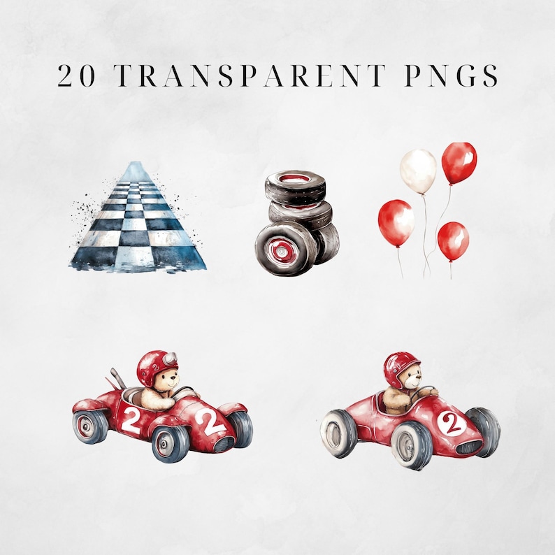Race Car Clipart Bundle, Watercolor Toddler Birthday, Red Teddy Bear ...