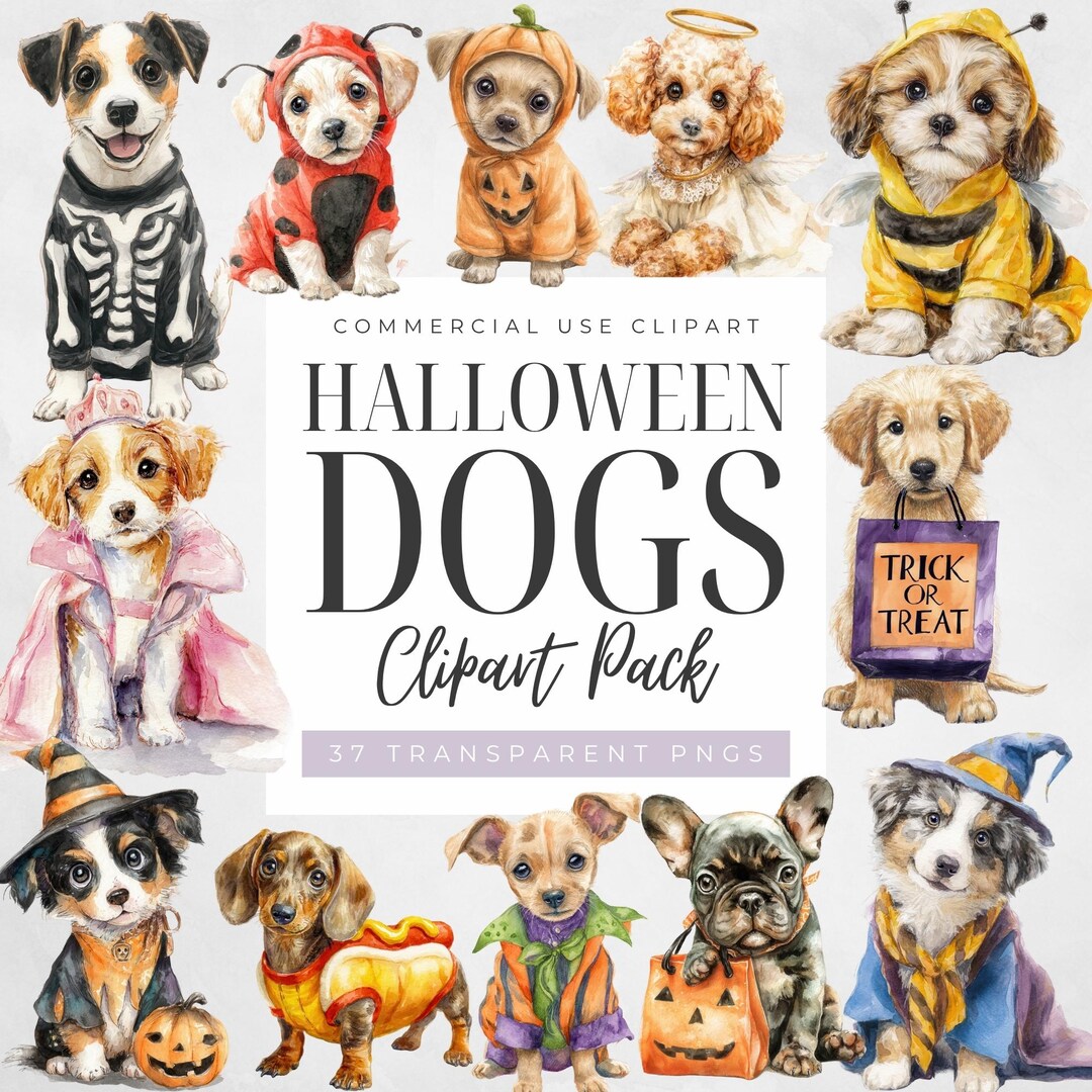 Halloween Dog Clipart: Watercolor Puppies in Costume (PNG Digital ...