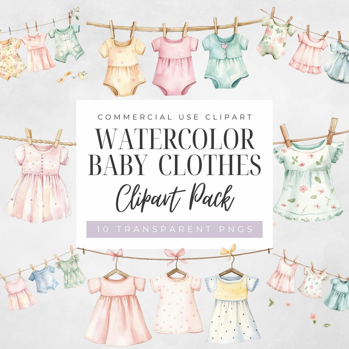 Baby Girl Clothesline Clipart, Watercolor Baby Shower, Nursery Decor ...