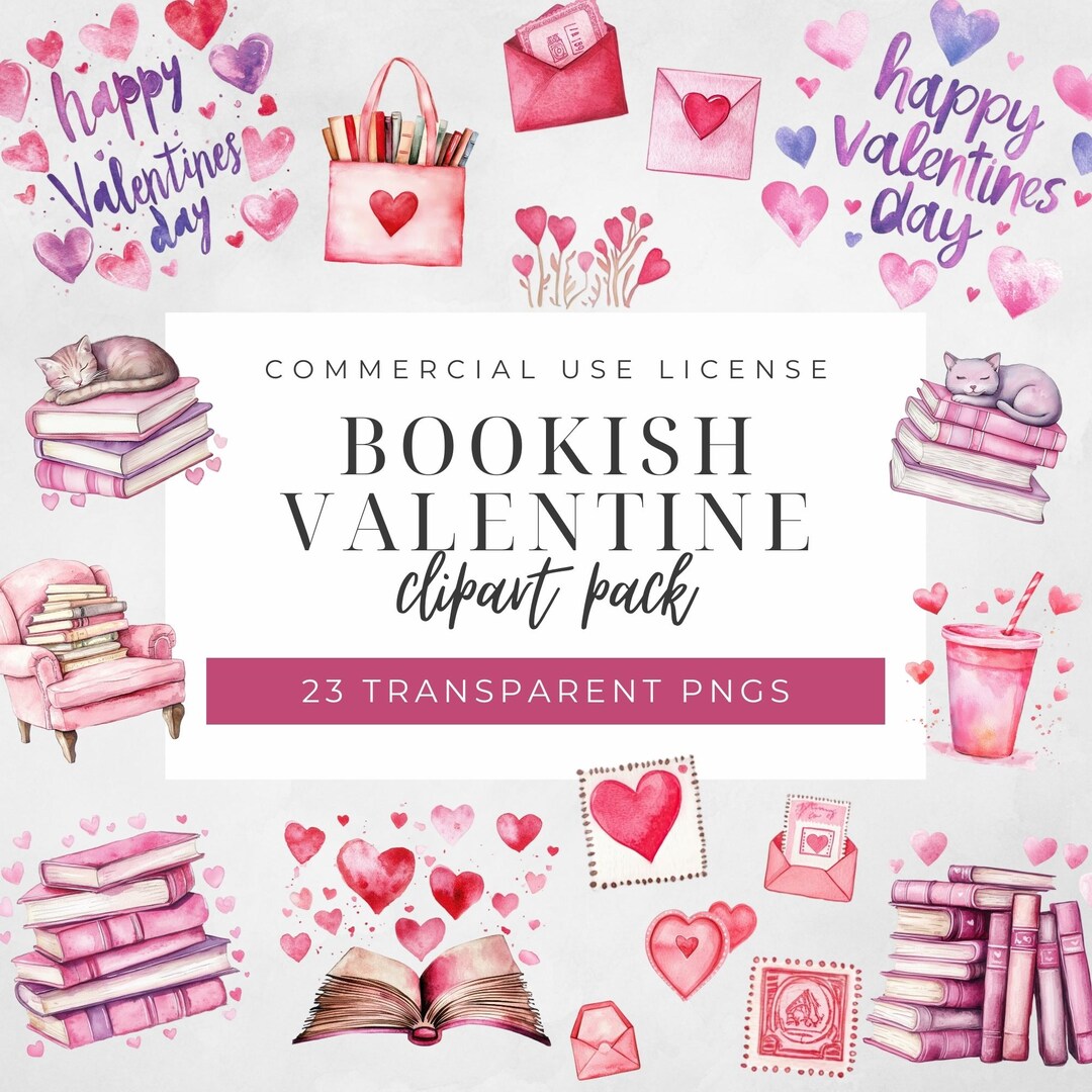 Valentine Bookish Clipart Pack, Sleeping Cat on Books Watercolor ...