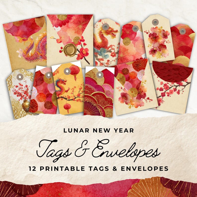 Lunar New Year Junk Journal Tags, Red Gold Printables, Digital ...