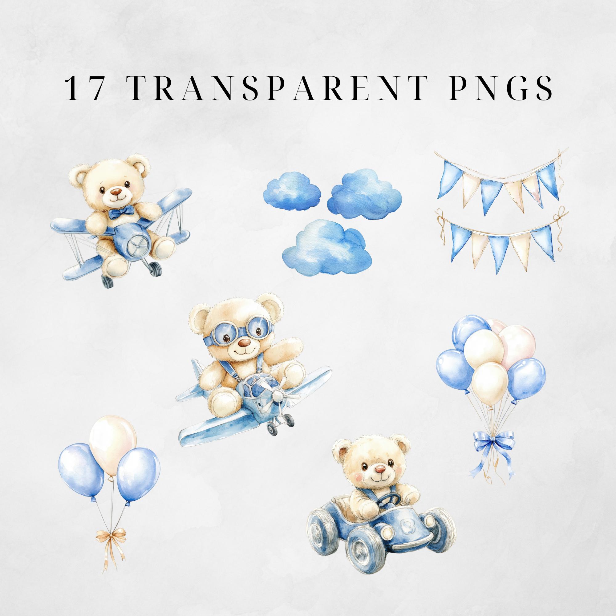 Blue Bear Clipart, Blue and Brown Balloons Bear Clipart, Watercolor ...