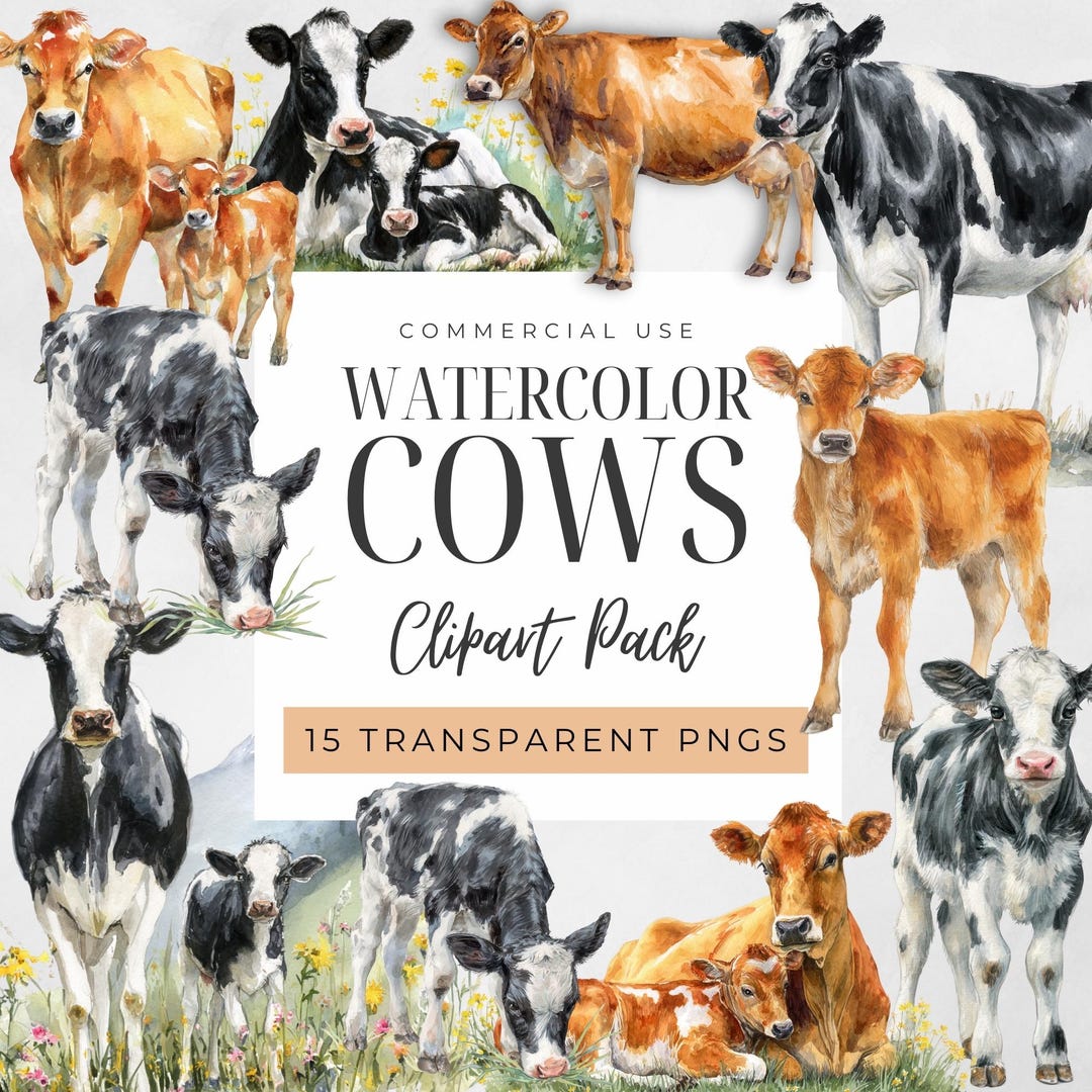 Watercolor Cow Clipart: Barn Animals Clip Art Pngs, Grazing Cattle in ...