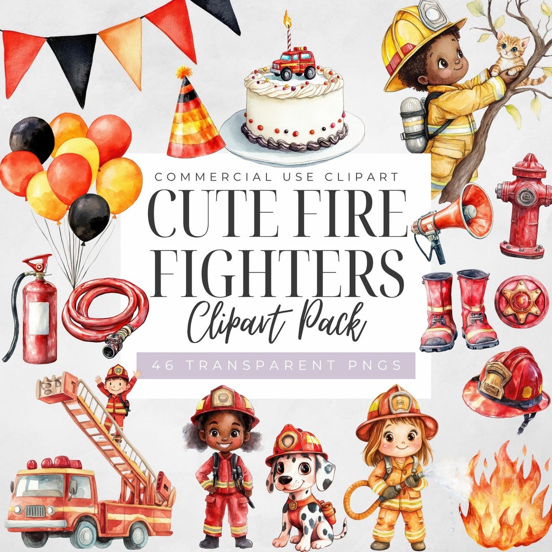 Watercolor Firefighter Clipart: Fire Truck, Dalmatian, Rescue PNG ...