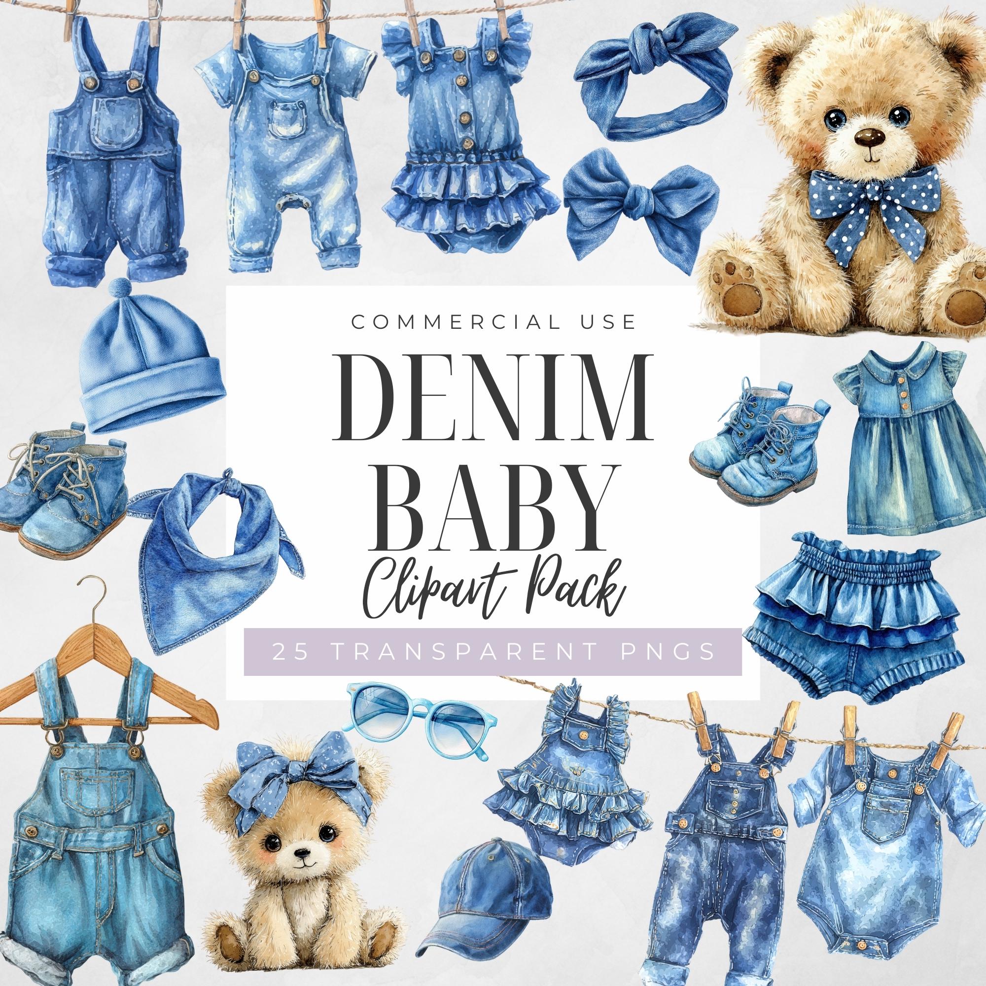 Watercolor Denim Blue Jeans Baby Clothes Clipart for Baby Shower ...