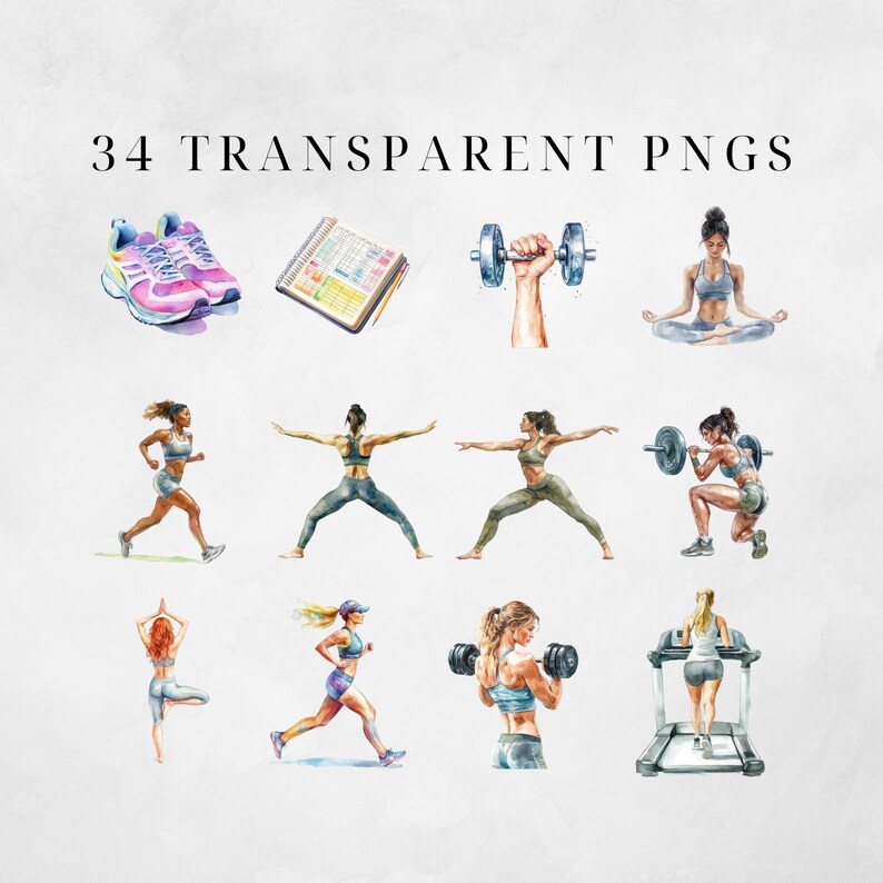 Watercolor Clipart Gym Fitness Equipment, Digital Download, Commercial ...