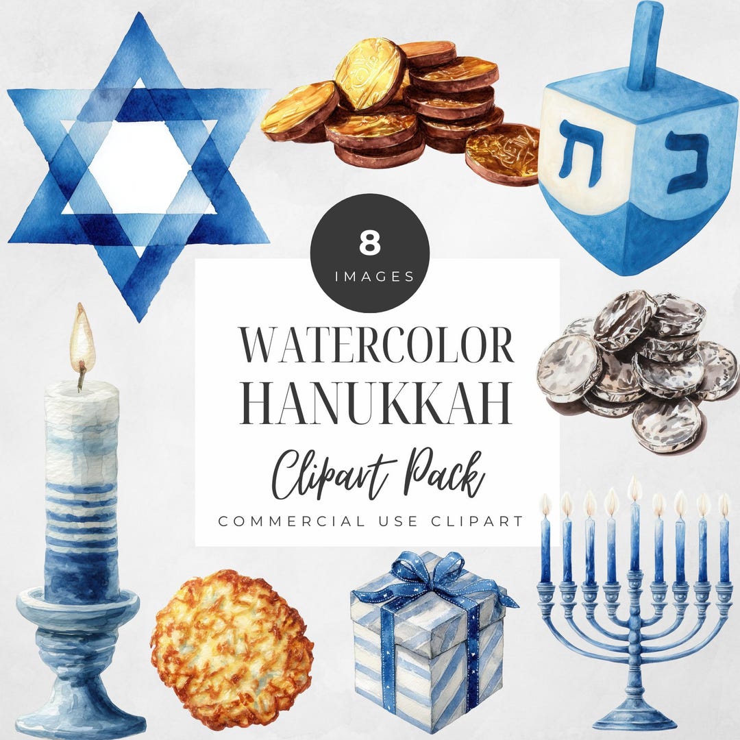 Watercolor Hanukkah Clipart Pack, Blue Chanukah Graphics PNG, Jewish ...