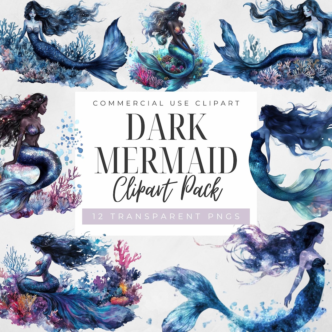 Watercolor Dark Mermaid Clipart, Underwater Mythical Creatures ...