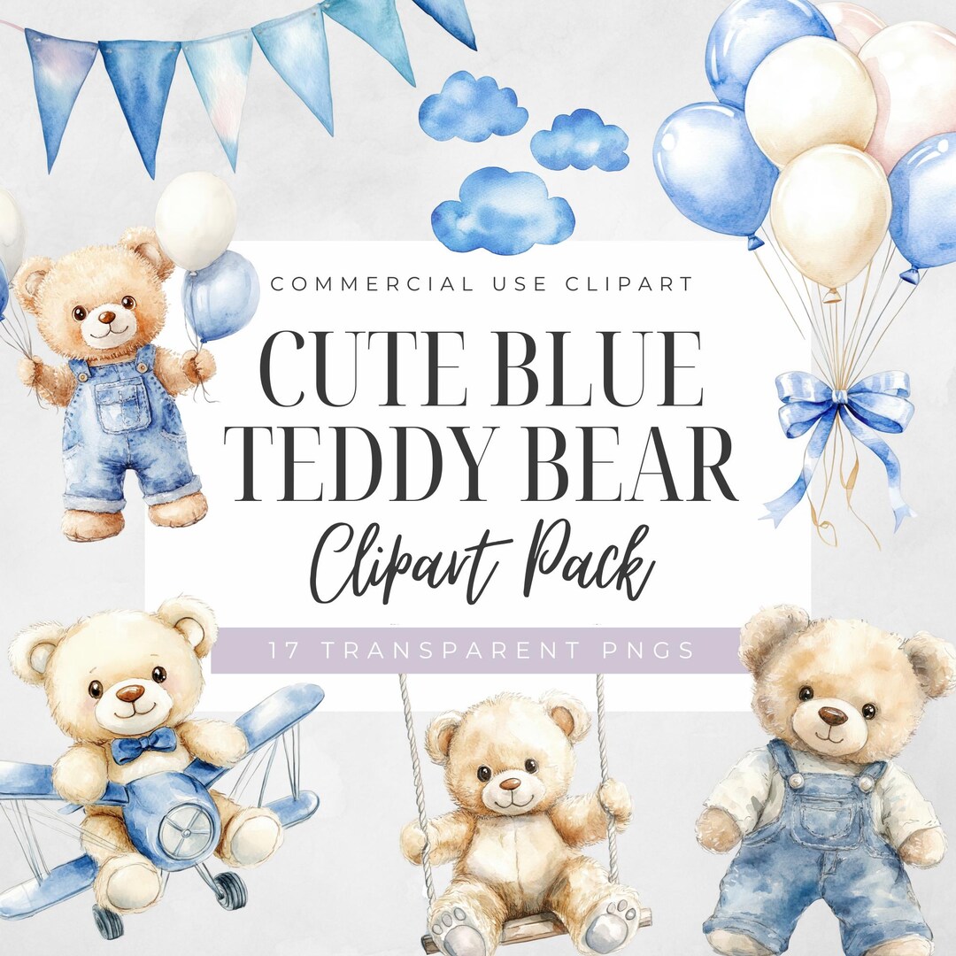 Blue Bear Clipart, Blue and Brown Balloons Bear Clipart, Watercolor ...