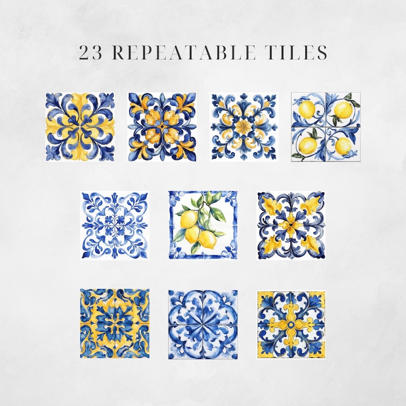 Watercolor Amalfi Tile Clipart: Italian Lemon & Blue Mosaic (digital ...