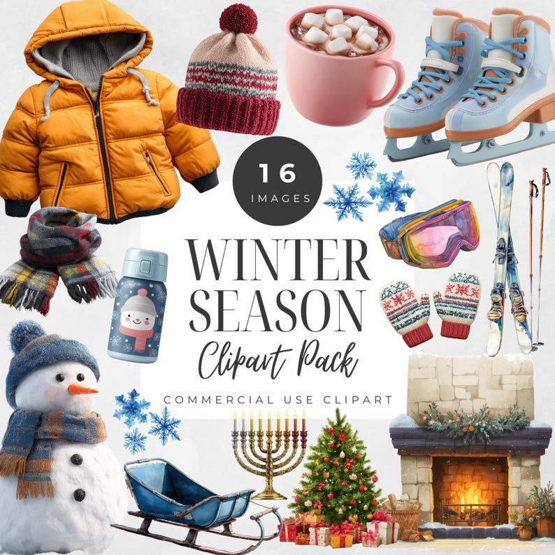 Cozy Winter Season Clipart, Watercolor Pngs: Snowman, Ice Skates, Skis ...