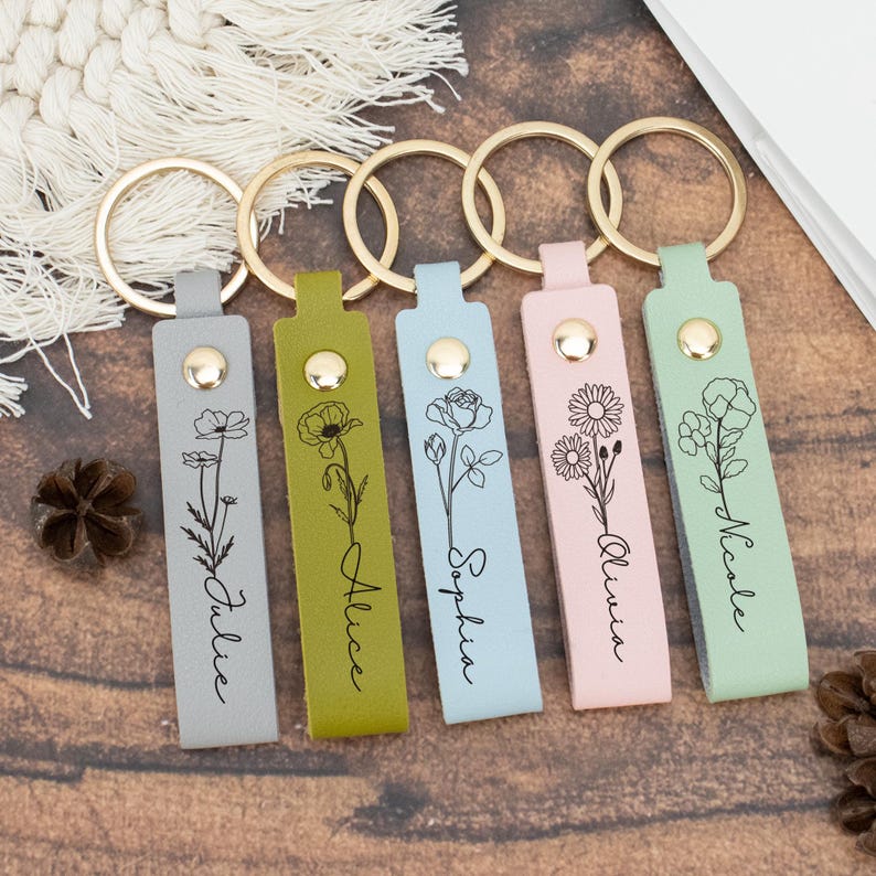 Personalized Birth Flower Leather Keychain,custom Leathe Keychain ...