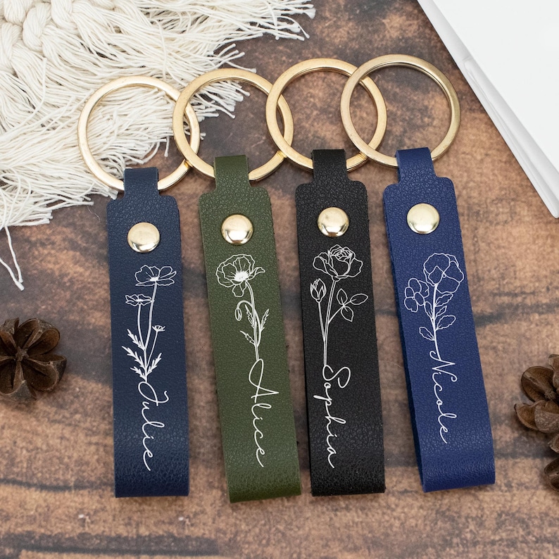 Personalized Birth Flower Keychain,name Keyring With Birth Flower ...