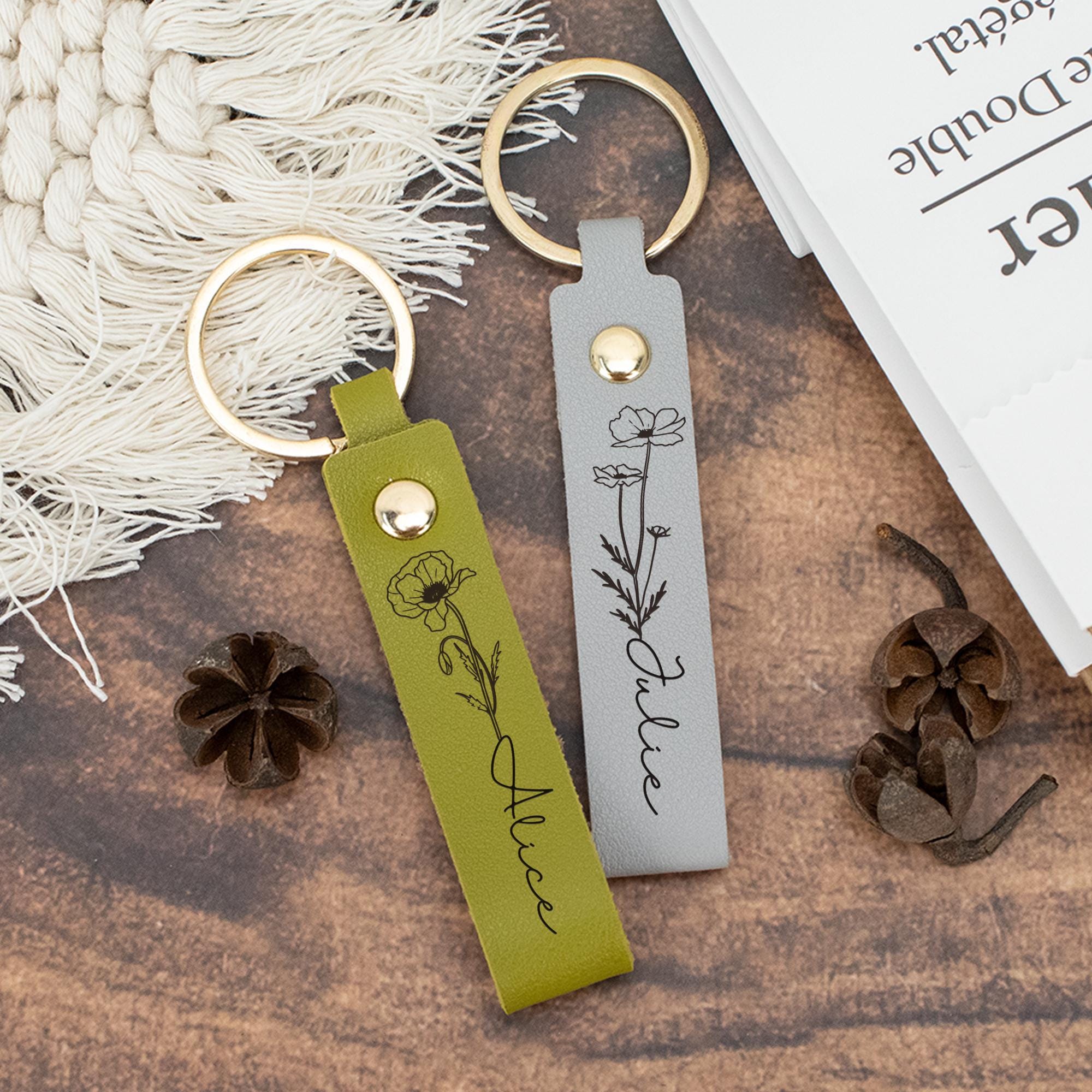 Personalized Birth Flower Leather Keychain,custom Leathe Keychain ...