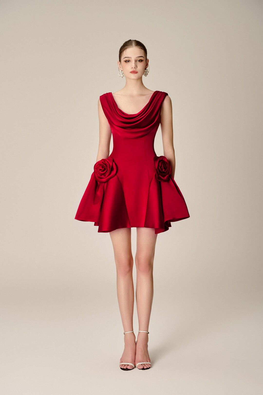 Elegant Red Satin Cocktail Dress With Rose Detail – Short Party Dress ...