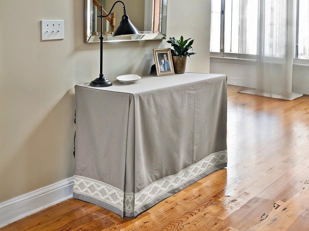 Rectangular Pleated Grey Tableskirt With Decorative Trim,custom Cotton ...