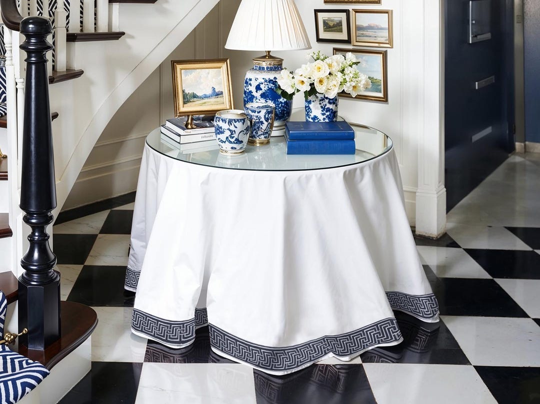 White Round Table Skirt With Greek Key Trim, Multiple Color Options ...