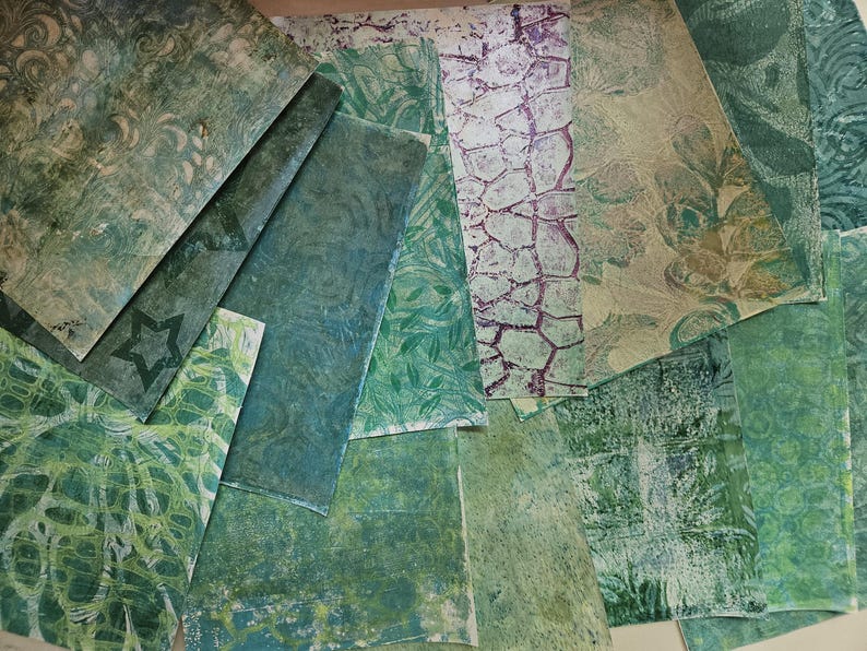 BLUE GREEN - 10 Large Handprinted Papers - Approx. 8x10 - Assorted Blue ...