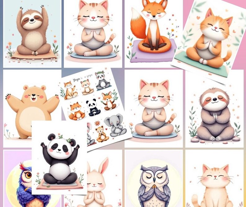 Cute Yoga Animals PNG Bundle, Cartoon Meditation Animals, High ...