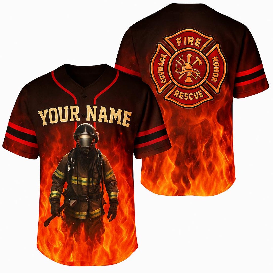 Custom Firefighter Baseball Jersey - Personalized Fire Rescue Flame ...