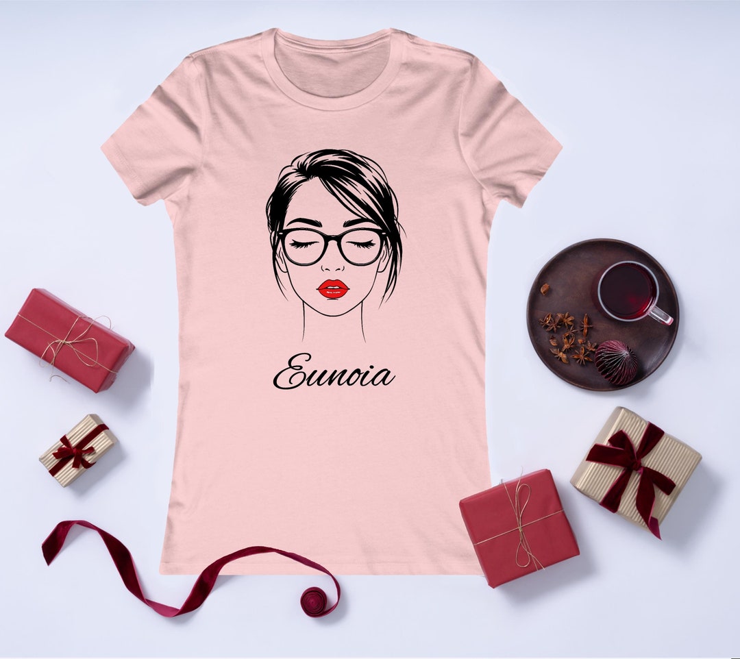 Minimalist Woman Face With Glasses Women's T-shirt, 'eunoia' Cursive ...