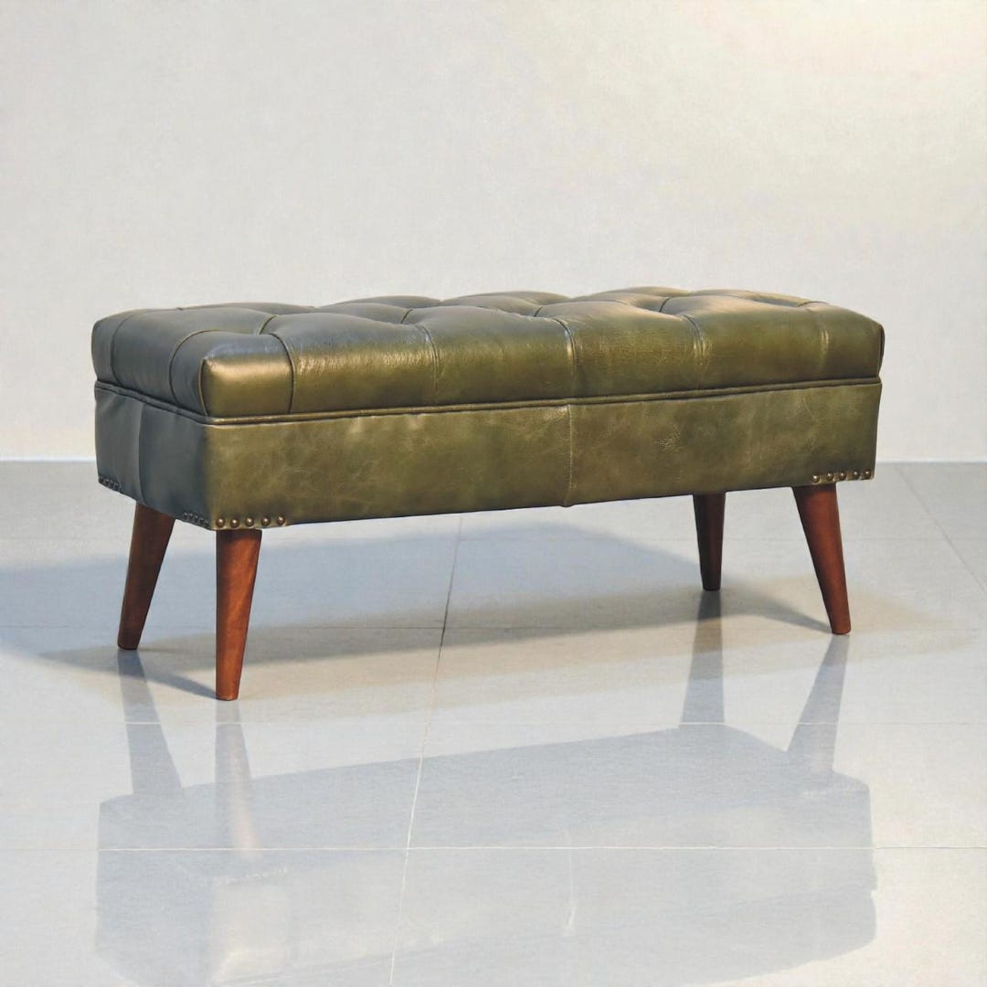 Handcrafted Harbour Green Leather Bench – Olive Buffalo Hide & Solid ...