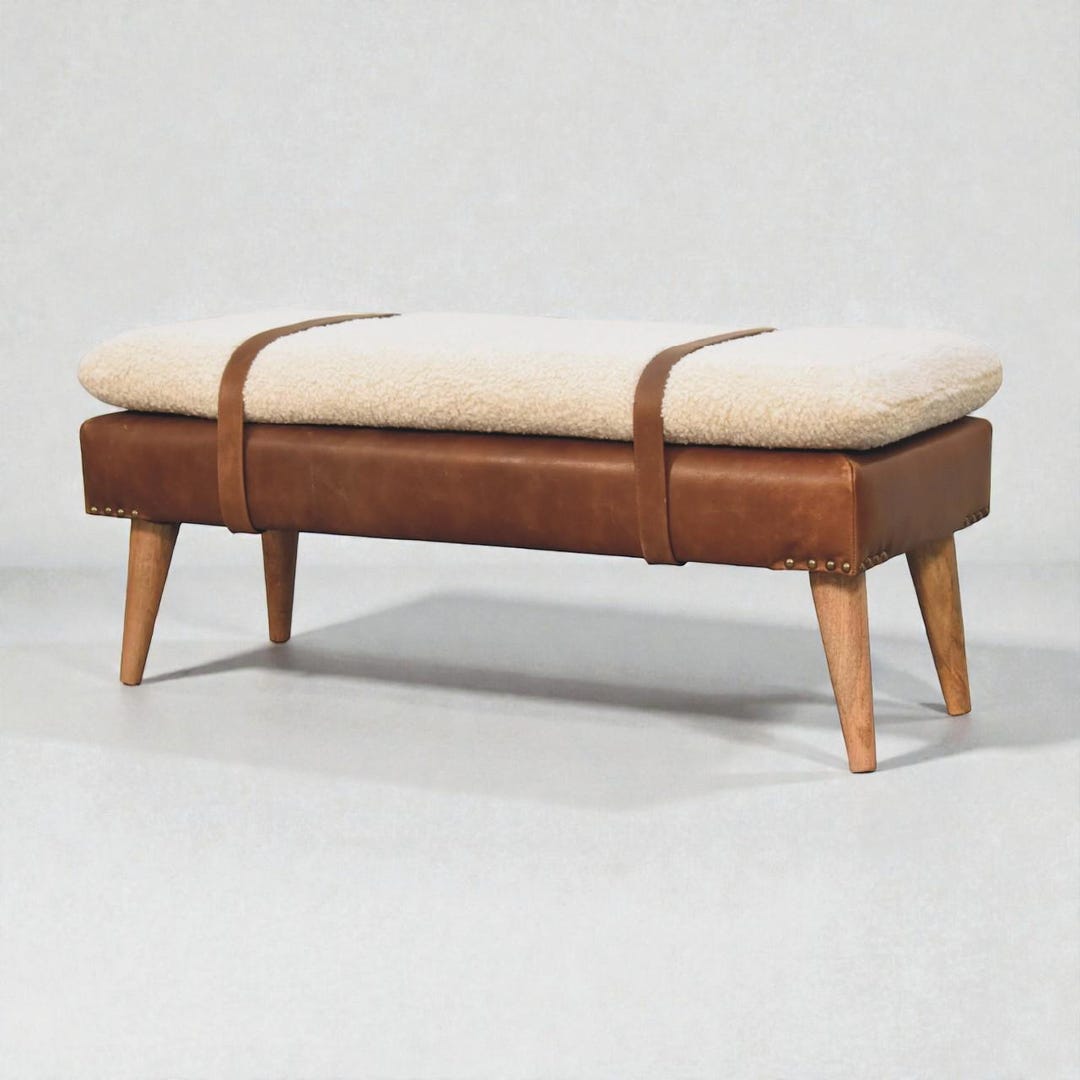 Handcrafted Bouclé & Buffalo Leather Bench – Solid Wood Legs ...