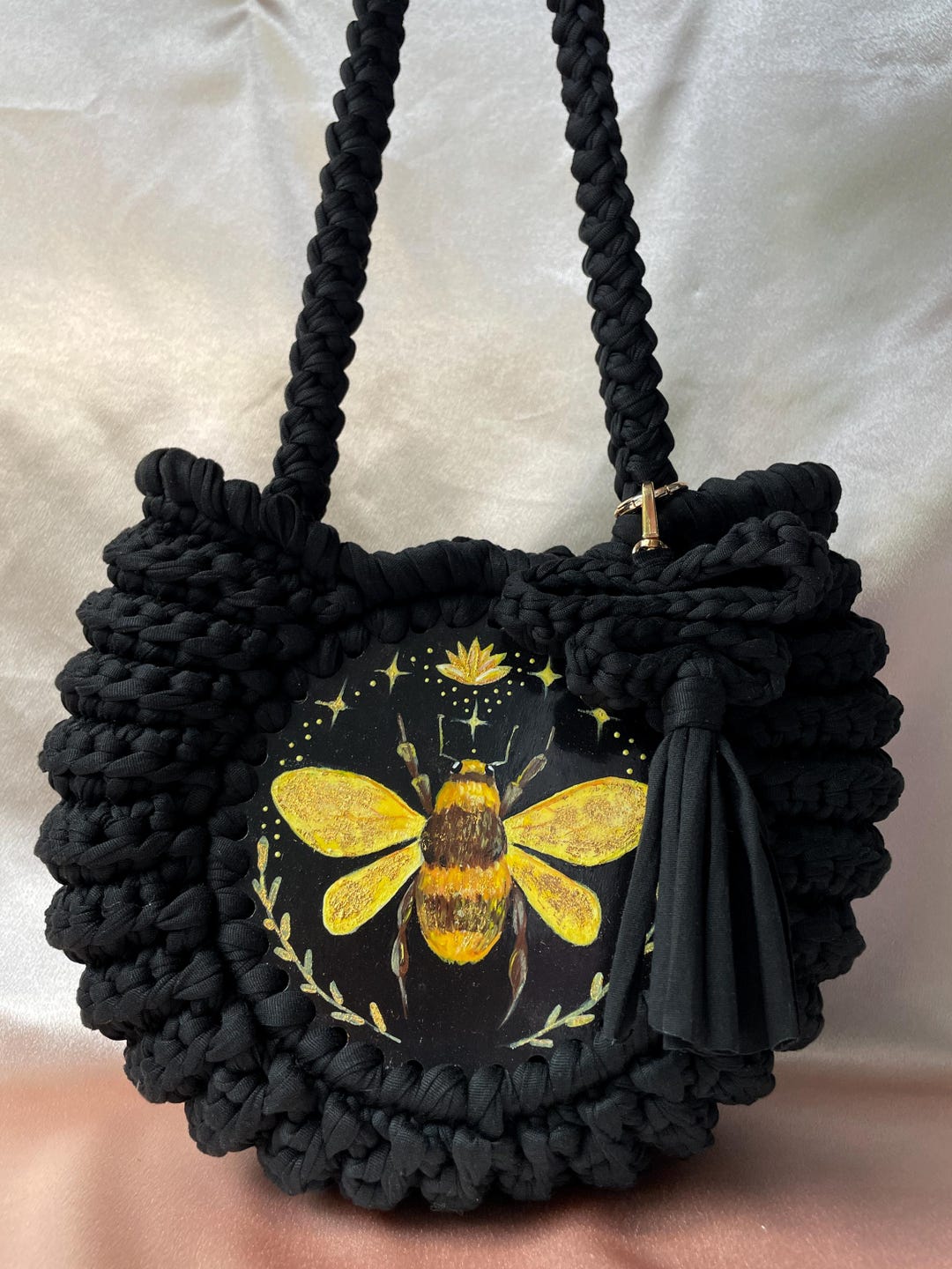 Golden Bumblebee Hand-painted Crochet Bag: Handmade Handbag With Blue ...