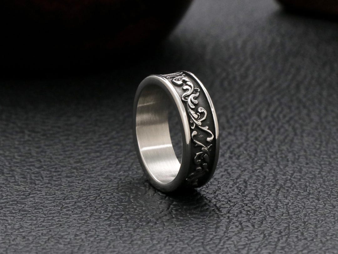 Steel Floral Pattern Ring - Men Band Wave Pattern Ring - Geometric ...