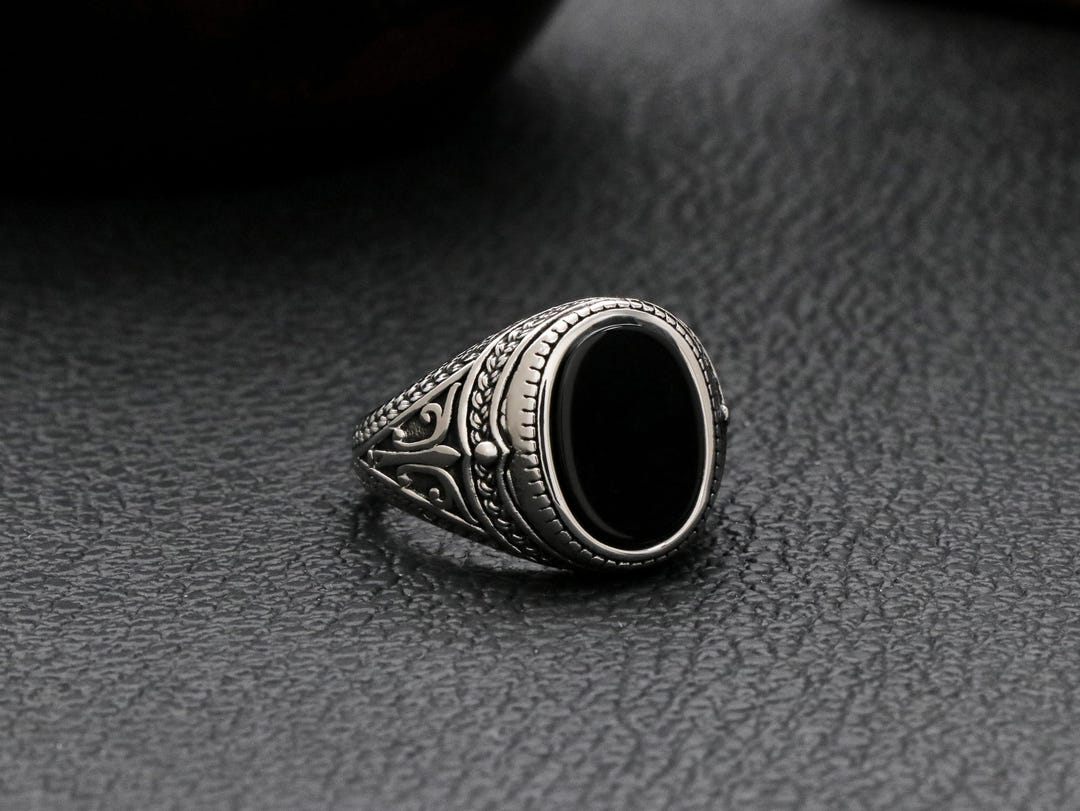 Vintage Black Onyx Flat Top Signet Ring for Men, Cool Male Pinky Ring, Anniversary Gift for Him ...