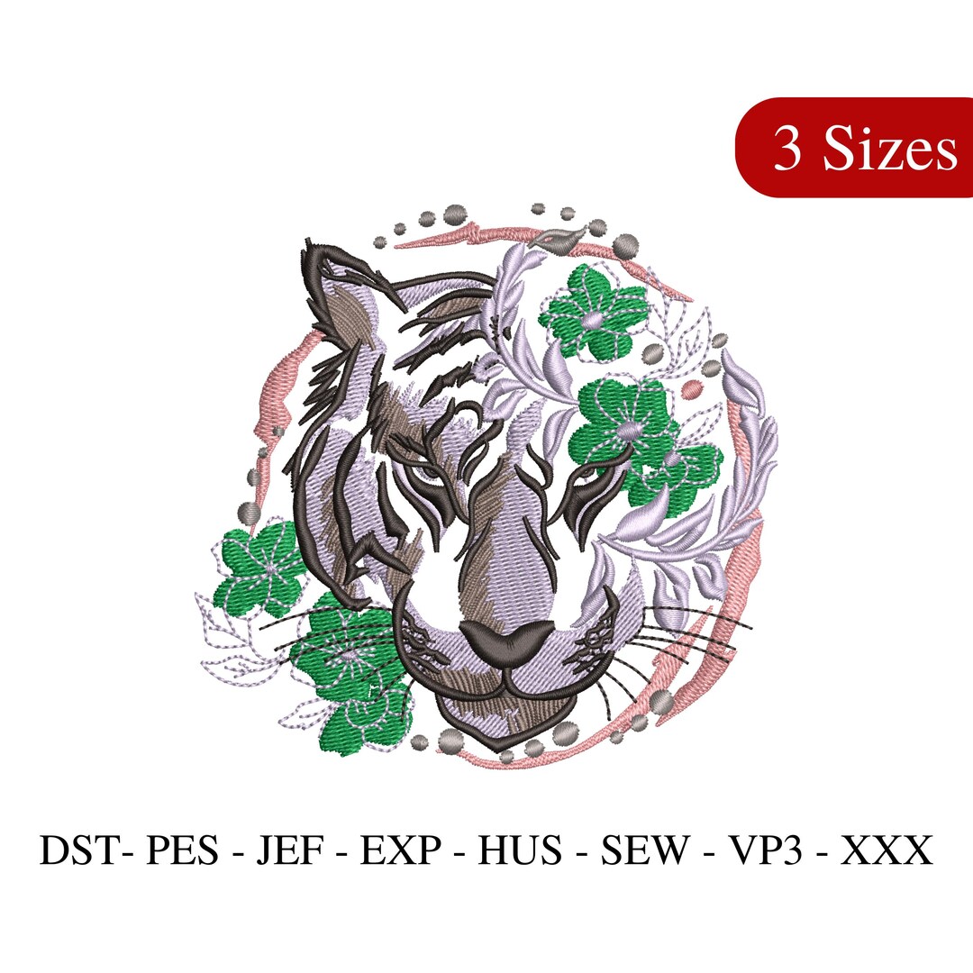 Tiger Embroidery Design, Floral Realistic Tiger Embroidery File, Tiger ...