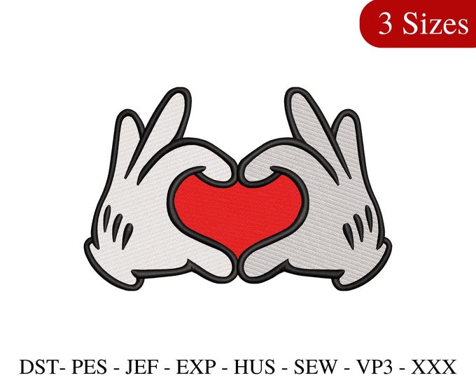 Mickey Hands Heart Embroidery Design: Cartoon Mouse File (3 Sizes ...