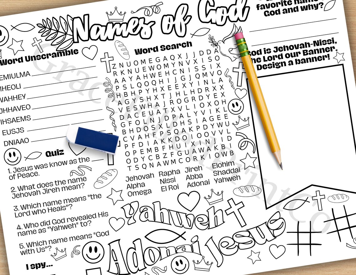 Names of God Activity Placemat: Bible Lesson Printable, Sunday School ...