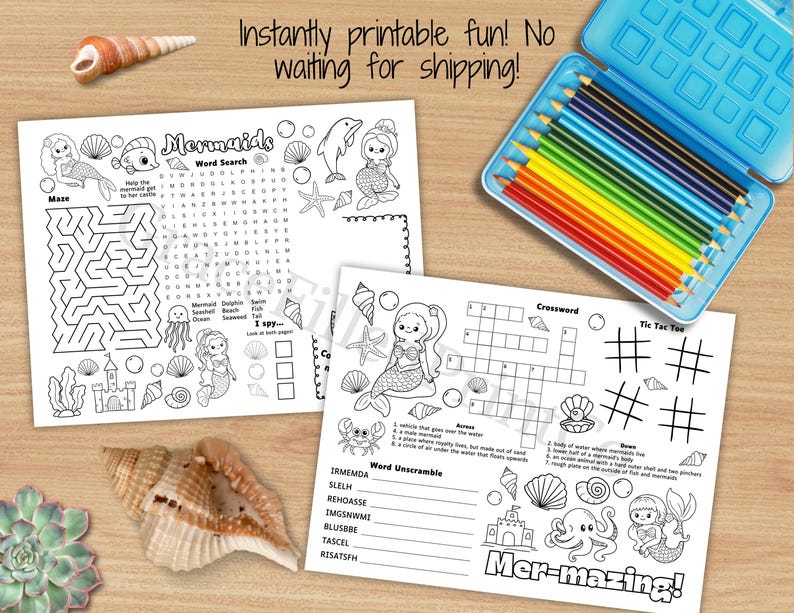 Mermaids Printable Activity Placemat for Kids and Preteens Mermaid ...