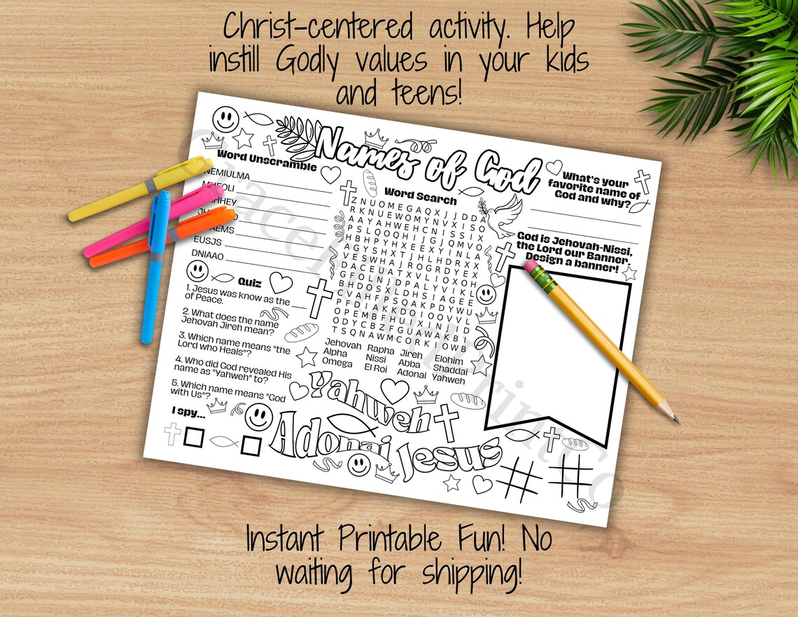 Names of God Activity Placemat: Bible Lesson Printable, Sunday School ...