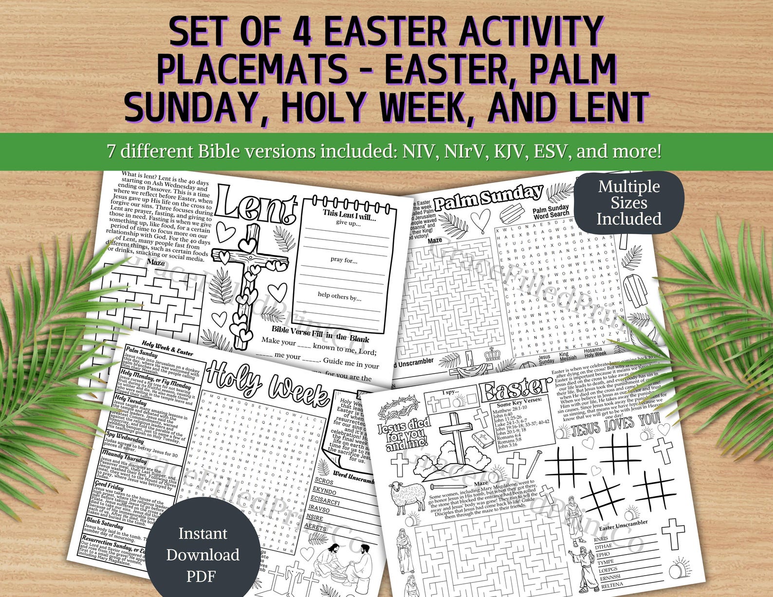 Set of 4 Printable Activity Placemats - Easter, Palm Sunday, Holy Week ...