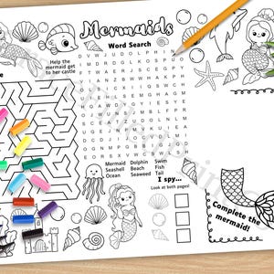 Mermaids Printable Activity Placemat for Kids and Preteens Mermaid ...